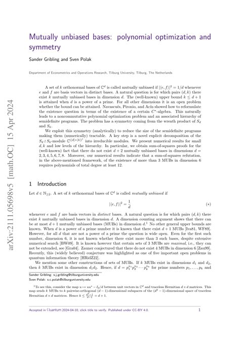 Pdf Mutually Unbiased Bases Polynomial Optimization And Symmetry