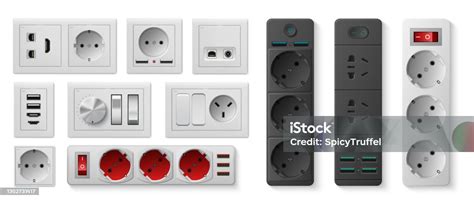파워 스트립 Usb 포트 및 스위치가 있는 사실적인 전기 소켓 전기 켜기 및 끄기3d 플러그 및 코드 벡터 세트용 커넥터로 회로에 연결하기 위한 장치 3차원 형태에 대한