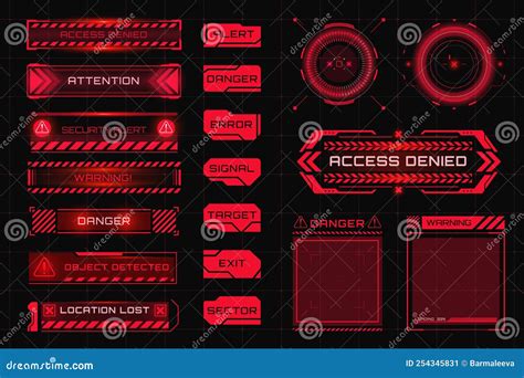 Set Of Warning Attention And Alert Red Symbols Hud Caution And Danger Frames Game Ui With