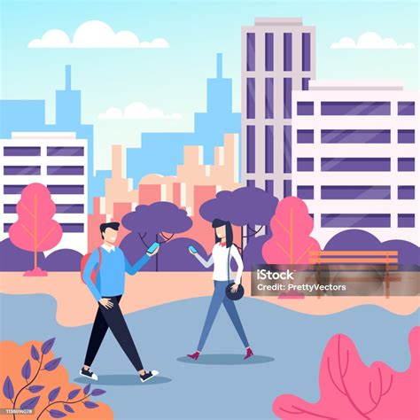 피플 캐릭터 워킹 스트리트 파크 및 스마트폰 인터넷 기기로 커뮤니케이션 온라인 커뮤니케이션 개념 벡터 평면 그래픽 디자인 만화 고립 된 그림 걷기에 대한 스톡 벡터 아트 및