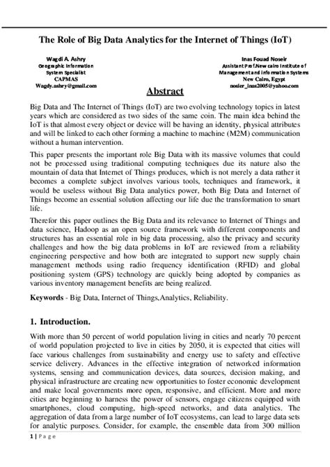 Pdf The Role Of Big Data Analytics For The Internet Of Things Iot