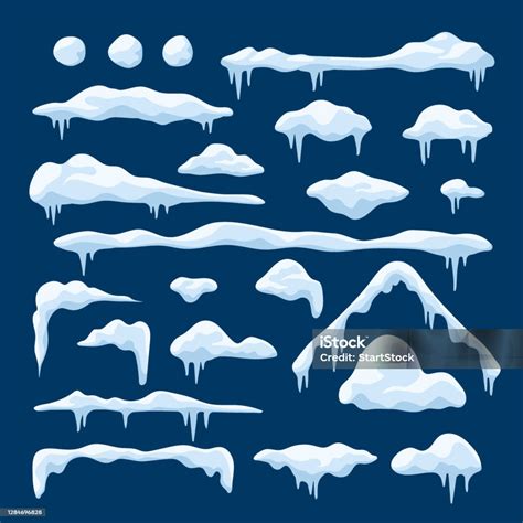 스노우 캡 세트 눈 표류 눈덩이 눈 지붕 만화 스타일의 고드름 컬렉션 장식 프레임 또는 판매 라벨겨울 눈 요소 파란색 배경 벡터 그림의 냉동 개체 눈 냉동상태의 물에 대한