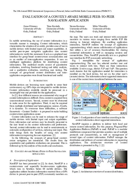 Pdf Evaluation Of A Context Aware Mobile Peer To Peer Navigation