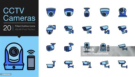 Cctv 카메라 및 보안 카메라 시스템 아이콘입니다 윤곽선 아이콘 디자인이 채워져 있습니다 프리젠 테이션 그래픽 디자인 모바일 응용 프로그램 웹 디자인 인포 그래픽 Ui