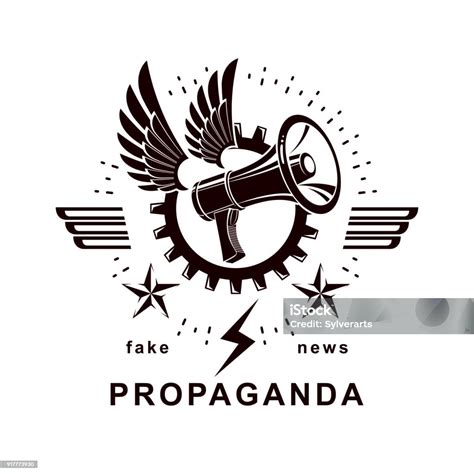 벡터 날개 기호 확성기 장비 엔지니어링 장부 바퀴에 둘러싸여으로 구성 되어 있습니다 프롤레타리아 혁명 추상적인 기호 정치 선전입니다 기계 부분에 대한 스톡 벡터 아트 및