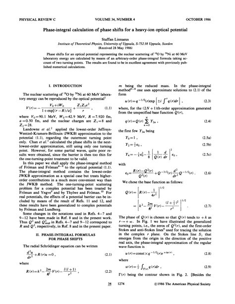 Pdf Phase Integral Calculation Of Phase Shifts For A Heavy Ion
