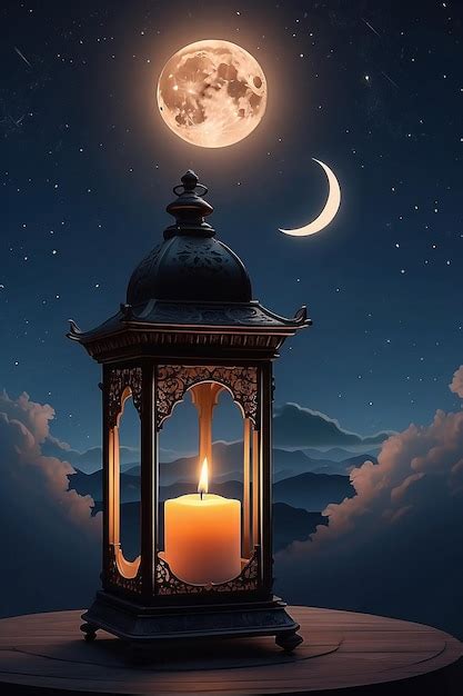 Premium Photo Lantern With Burning Candle And Night Sky With Waning