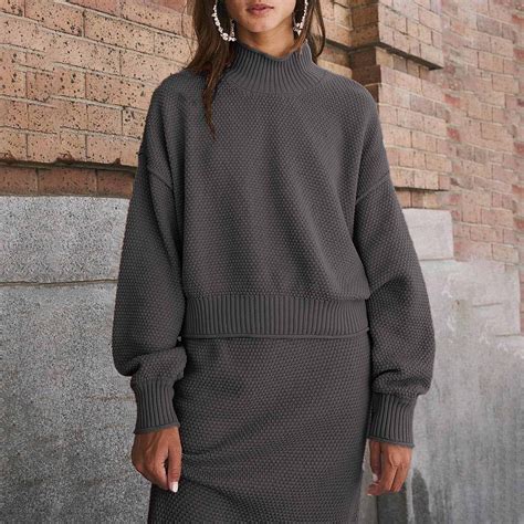 Women 2 Piece Sweater Skirt Set Outfits Neck Long Sleeve Sweater Knit