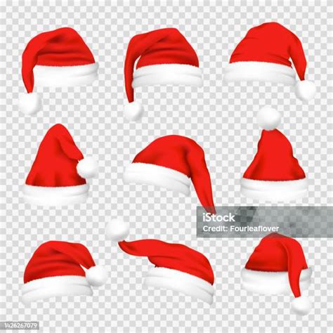 현실적인 산타 모자 산타 클로스 크리스마스 휴일 모자 축 하 푹신한 푹신한 귀여운 빨간 겨울 모자 의상 3d 벡터 세트 산타 모자에 대한 스톡 벡터 아트 및 기타 이미지