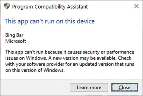 Program Compatibility Assistant This App Can T Run On This Device Bing Bar Microsoft This App