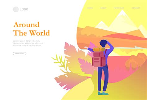 방문 페이지 템플릿 하이킹과 트레킹 휴가 여행 벡터 등산객 및 관광 일러스트레이션을위한 사람들 문자 여성 여행 행복한 관광객 벡터 만화 스타일 Html에 대한 스톡 벡터