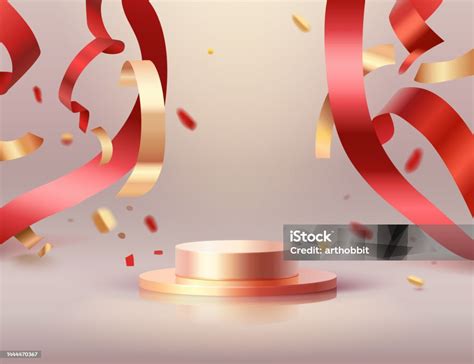 추상 장면 배경입니다 색종이와 리본실린더 포디움 배경 제품 프리젠 테이션 모의 화장품 연단 무대 받침대 또는 플랫폼을 표시합니다 벡터 3차원 형태에 대한 스톡 벡터 아트 및