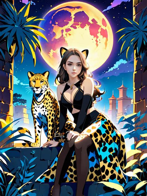 Anime Inspired Woman With Feline Features And Cheetah In Mystical City