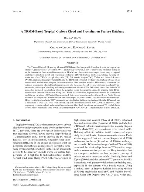 Pdf A Trmm Based Tropical Cyclone Cloud And Precipitation Feature Database