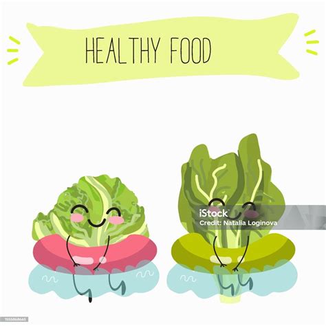 재미있는 만화 캐릭터 로마노 양상추 빙산 샐러드 야채가 있는 삽화 재미 있고 건강한 음식 비타민 귀여운 얼굴 음식 재료 채식주의자 벡터 만화 가공의 인물에 대한 스톡 벡터
