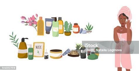 뷰티 루틴 아름 다운 어린 소녀 숙녀 및 다양 한 화장품 얼굴과 몸 관리의 개념 클렌징 보습 자연 요소로 치료 손으로 그린 벡터 세트입니다 가공의 인물에 대한 스톡 벡터