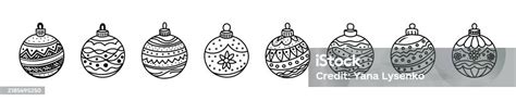 흰색 배경에 독특한 패턴과 디자인을 가진 다양한 크리스마스 장식품의 검은 윤곽선 세트입니다 휴일 장식 싸구려 축제 색칠