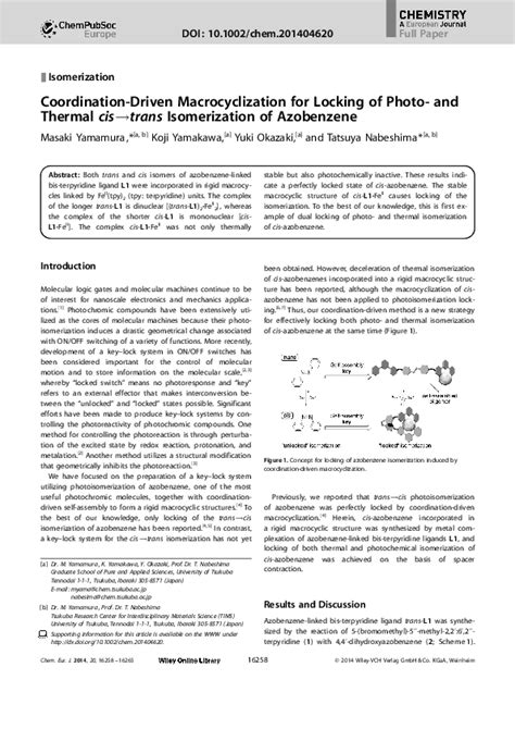 Pdf Coordination Driven Macrocyclization For Locking Of Photo And Thermal Cis→trans