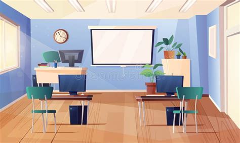 Computer Classroom Cartoon Interior With Board Clock On The Wall