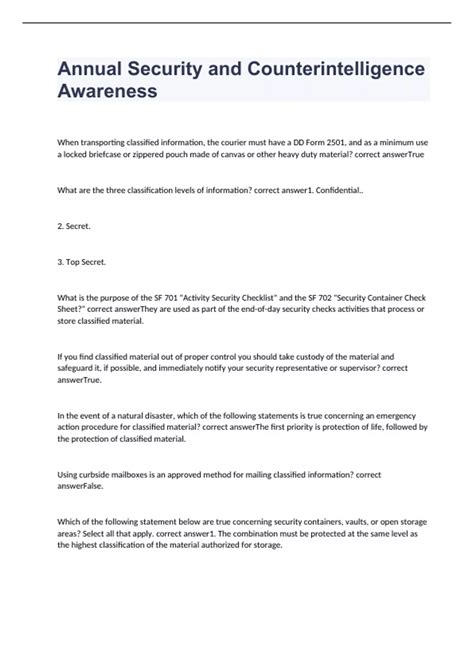 Annual Security And Counterintelligence Awareness Exam 2023 With 100 Correct Answers Annual