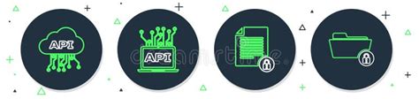 Set Line Computer Api Interface Document And Lock Cloud And Folder Icon Vector Stock Vector