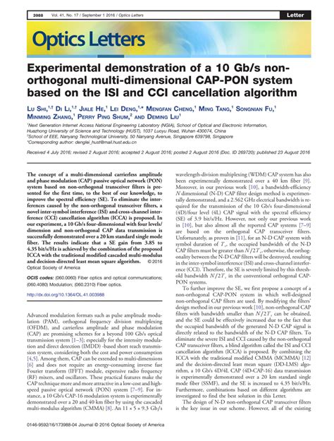 Pdf Experimental Demonstration Of A 10 Gbs Non Orthogonal Multi Dimensional Cap Pon System