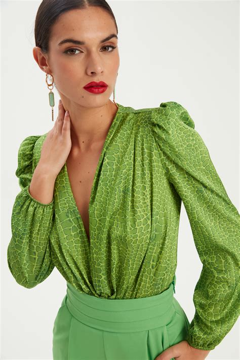 Balloon Sleeve Double Breasted Bodysuit Green