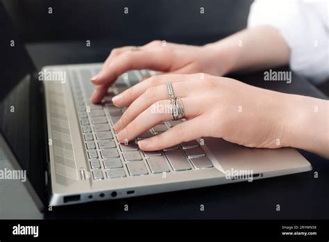 Business Woman S Workspace Female Hands On Laptop Keyboard Close Up Female Hands Typing On