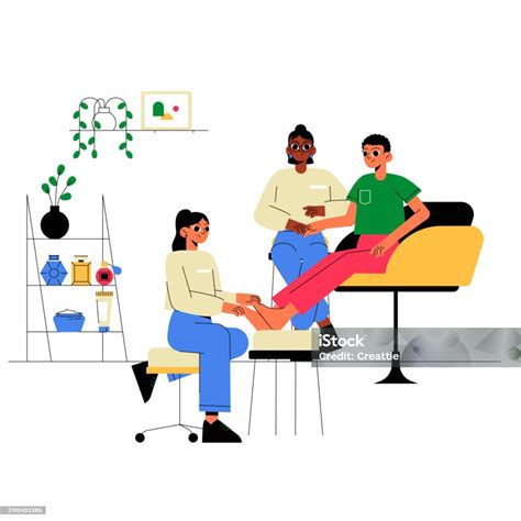 미용실에서 남성 고객에게 페디큐어를 제공하는 여자와 함께 직원이 뷰티 서비스 자기 관리 및 휴식을 상징하는 평면 벡터 일러스트 레이 션에서 관찰 Mental