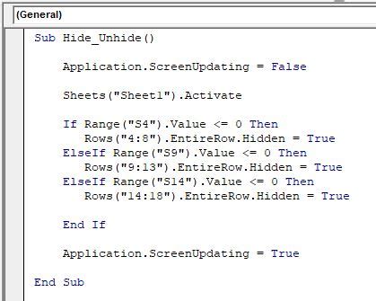Excel Code To Hide Multiple Rows Based On Cell Value Stack Overflow