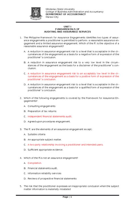 481500761 Unit1 Fundamentals Of Auditing And Assurance Services Docx Mindanao State University