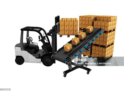 종이 상자에 지게차에 의해 상품의 현대 하 역 3d 흰색 배경에 렌더링 그림자 없음 공장 산업 건물에 대한 스톡 사진 및 기타 이미지 공장 산업 건물 교통수단 나무