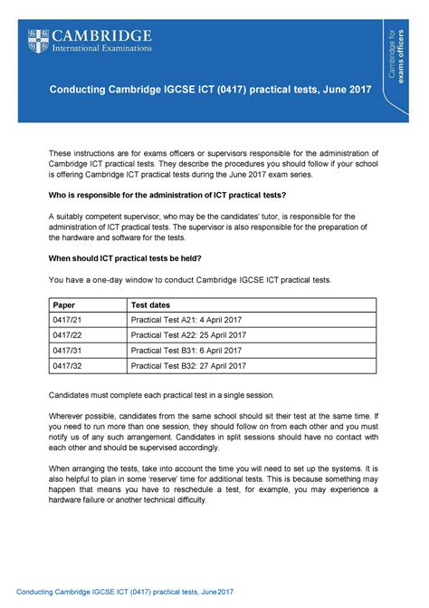 0417 June 17 Conducting Cambridge International Igcse Ict Practical Tests These Instructions