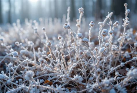 Intricate Hoarfrost Formation On Dry Plants Forest Setting Stock Illustration Illustration Of
