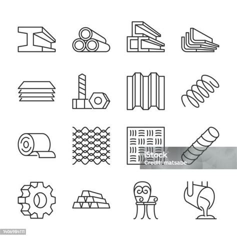 금속 제품 아이콘 설정 금속 원료 부품 선형 아이콘 컬렉션의 제조 T 빔 튜브 채널 각도 하드웨어 벤딩 스프링 메쉬 금속 바 기어 주조 편집 가능한 줄 아이콘에 대한 스톡