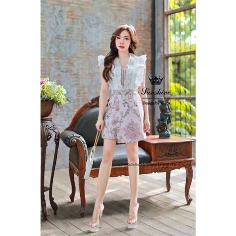 S L🌷🌷พร้อมส่ง🌷🌷🔖งานป้าย Lady Sunshine จั้มกระโปรงกางเกงผ้าทอนูนแสนสวย