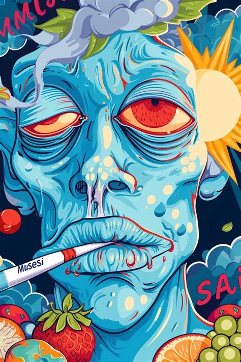 카툰 스타일의 파란색 지친 얼굴 빨간 지친 눈 구석에 태양 아래에 과일 무지개 색상의 글씨로 Musesai라고 적혀 있습니다