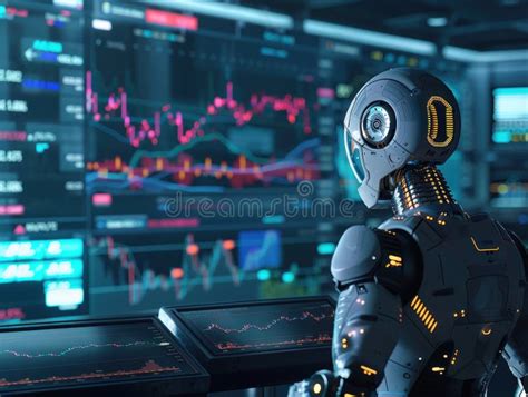 A Futuristic Ai Robot Analyzes Stock Market Charts And Data On Multiple Screens Representing