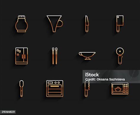 세트 라인 숟가락 오븐 소금과 후추 빵 칼 전자 레인지 음식 젓가락 피자 및 소스 보트 아이콘 벡터 0명에 대한 스톡 벡터 아트 및 기타 이미지 Istock