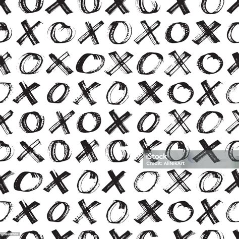 틱 택 발가락 게임 원활한 패턴 교차 표시와 원이 있는 벡터 추상 패턴입니다 손으로 그린 배경 흰색 배경의 검은색 요소 알파벳 O에 대한 스톡 벡터 아트 및 기타 이미지