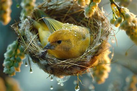 A Yellow Bird Hanging Upside Down From Its Nest The Bird Is Weaving