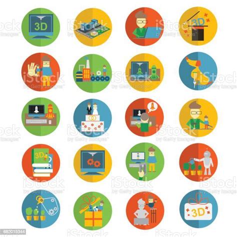 프린터 Sculpturing 3d 평면 아이콘 설정 3차원 형태에 대한 스톡 벡터 아트 및 기타 이미지 3차원 형태 Performing Arts Event 개념