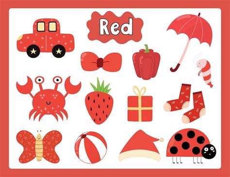 Conjunto De Objetos De Color Rojo Flashcard De Colores Primarios Con Elementos Rojos