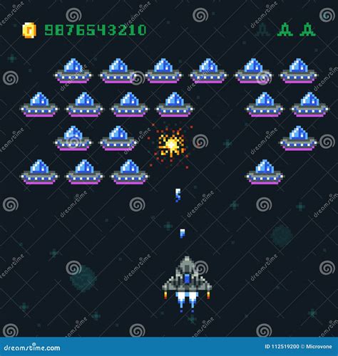 retro arcade game screen with pixel invaders and spaceship space war