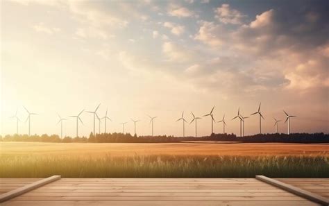 Premium Ai Image A Wooden Deck With A Row Of Wind Turbines In The