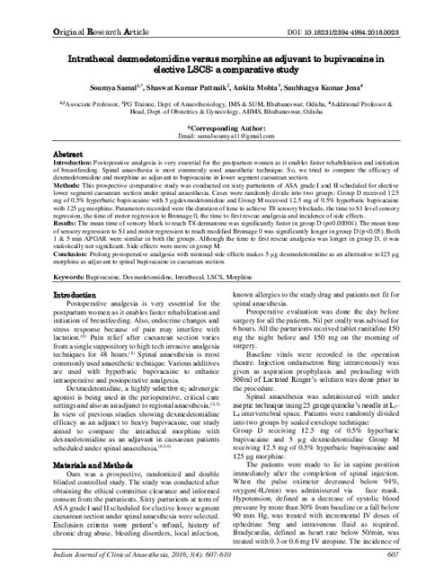 Pdf Intrathecal Dexmedetomidine Versus Morphine As Adjuvant To Bupivacaine In Elective Lscs A