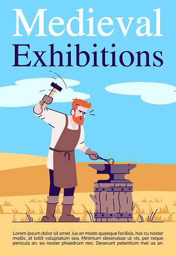 중세 전시 브로셔 템플릿입니다 중년 공예 박람회 전단지 소책자 플랫 일러스트와 전단지 개념 잡지에 대한 벡터 페이지 만화 레이아웃입니다 텍스트 공간이 있는 광고 초대 A4