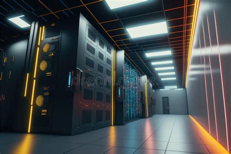 computer servers with orange lights in server farm created using generative ai technology stock