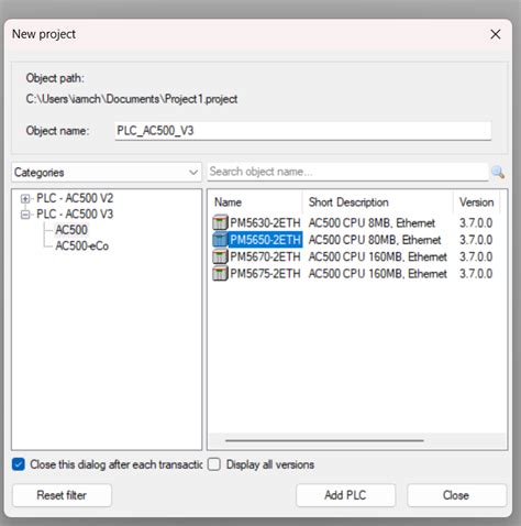 select plc in automation builder