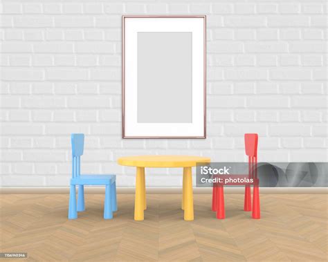 보육원에서 로즈 골드의 수직 프레임 모형 흰색 벽돌 배경에 어린이 색 테이블과 의자의 미니멀 한 인테리어 3d 렌더링 0명에